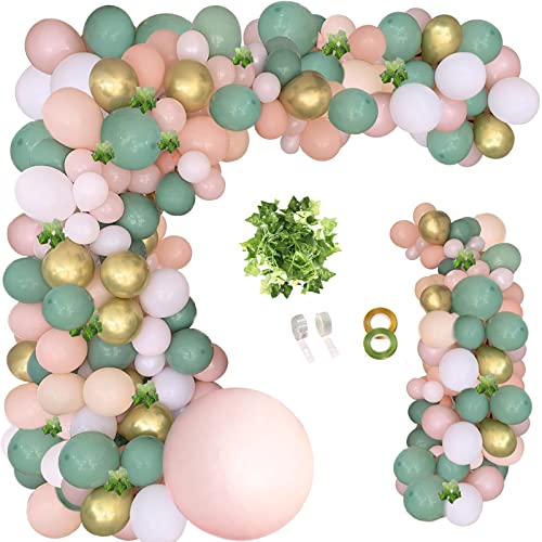 JULLIZ 148pcs Sage Olive Green Peach Blush Pink Balloon Garland Arch Kit with Ivy Leaves, Jungle Safari Shower Birthday Theme Party Decoration Supplies