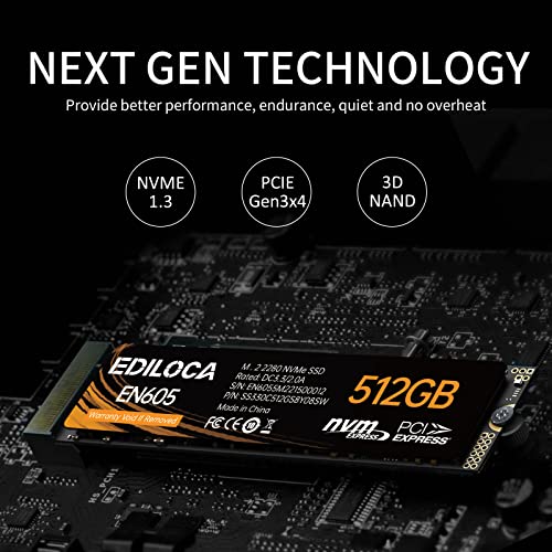 Ediloca 512GB NVMe SSD 3D NAND1.3 PCIe Gen3x4 M.2 2280 Internal Solid State Drive (Read/Write Speed up to 2,150/1,300 MB/s) Compatible with Laptop & Desktop