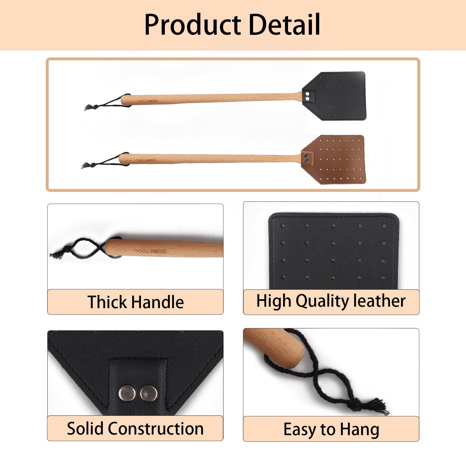 DEBETOOL 2 Pack Sturdy Leather Fly Swatter for Indoors - (19.7β)Long Handle Heavy Duty Wood Fly Swatter With Hanging Rope, Durable Fly Swatter for Outdoor Rustic Bug Swatter Flies,Mosquitoes And Bees