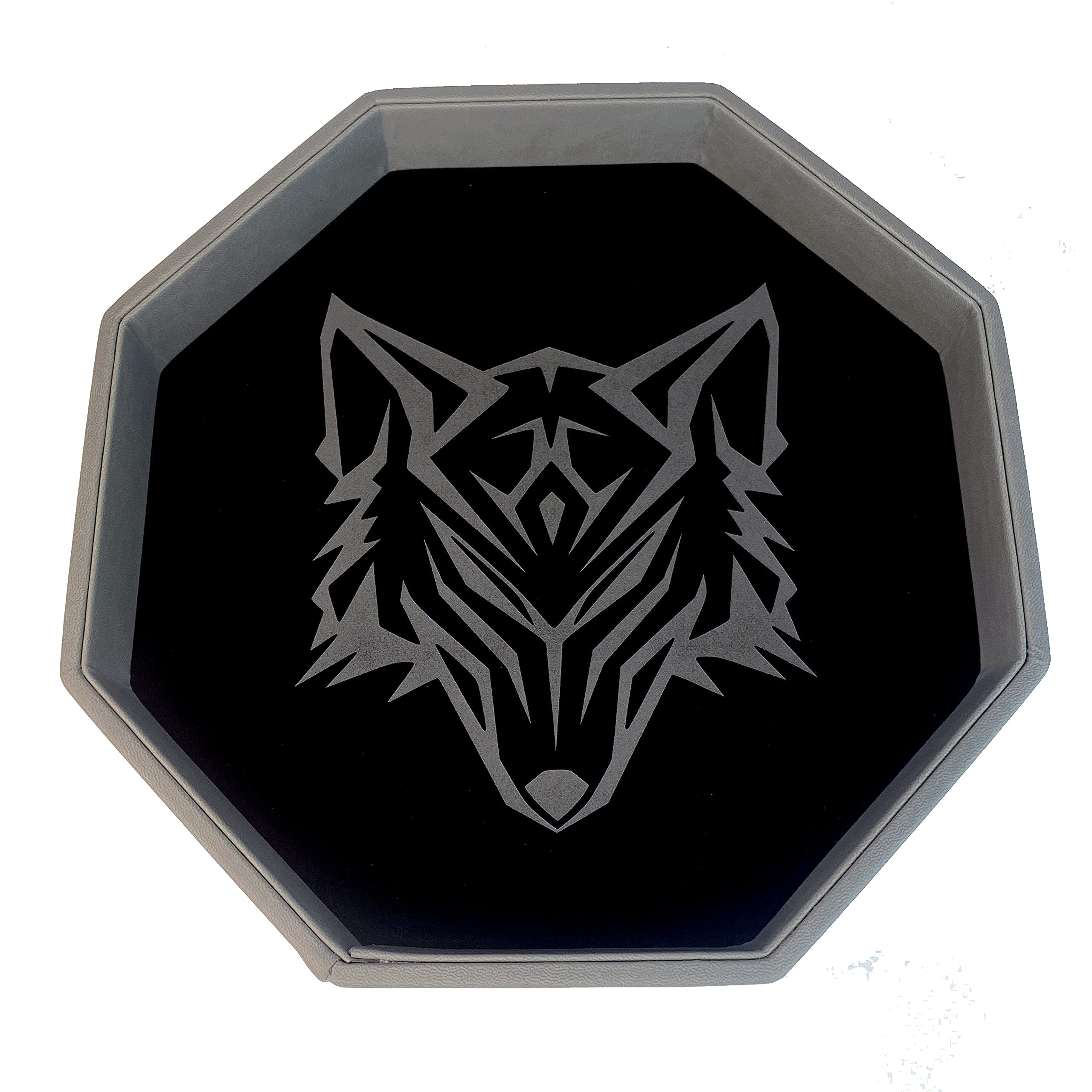 Luck Lab 11.5 Inch Dice Tray – Black and Grey - Big Octagonal Dice Tray with Luxurious Rolling Area for RPG Table Top Gaming Like D&D - Wolf Design