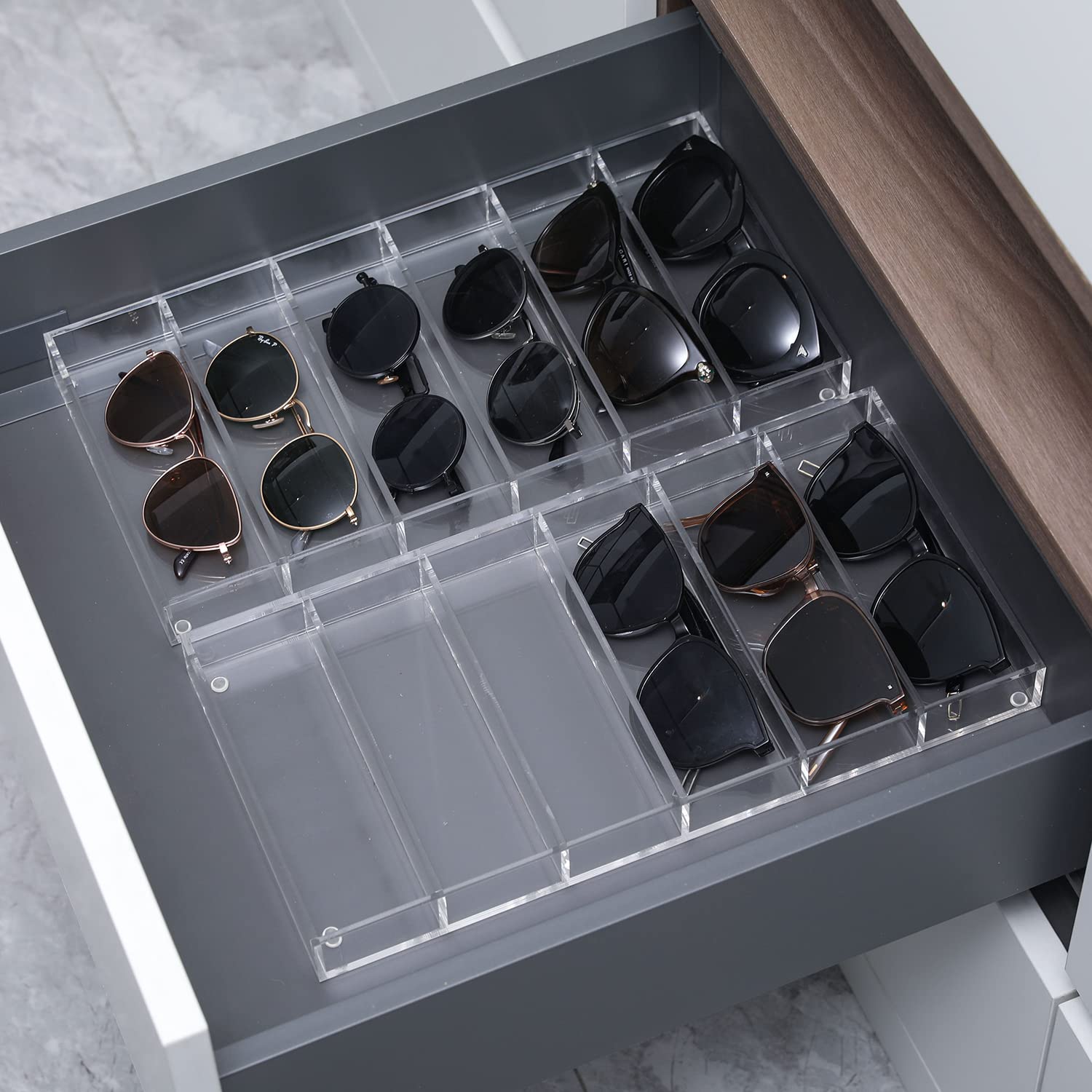 MyGift Premium Clear Acrylic Sunglass Holder Display Tray with 6 Compartments, Drawer Organizer Storage Case for Sunglasses, Reading Glasses, Eyewear, Jewelry, Makeup and Perfume Vanity Tray, Set of 2