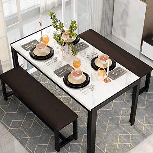 Recaceik Dining Table Set for 4, Kitchen Table and Chairs for 4, Faux Marble Dining Room Table with 2 Benches, Space Saving Dining Table and Upholstered PU Leather Bench for Small Spaces, White