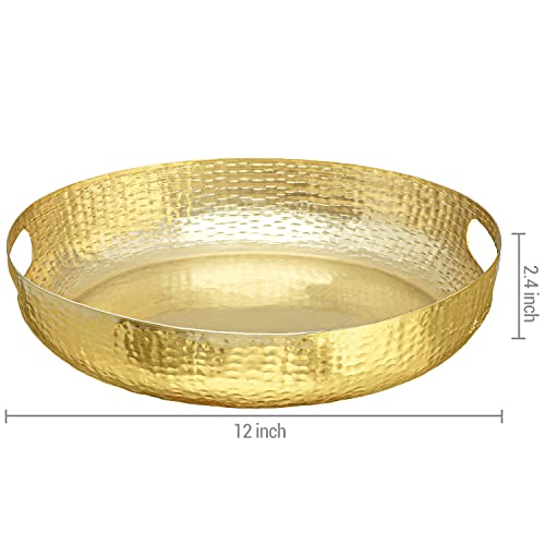 MyGift 12 Inch Round Brass Metal Handcrafted Unique Serving Tray with Hammered Pattern Design and Cut Out Handles, Decorative Coffee Table Tray - Handmade in India