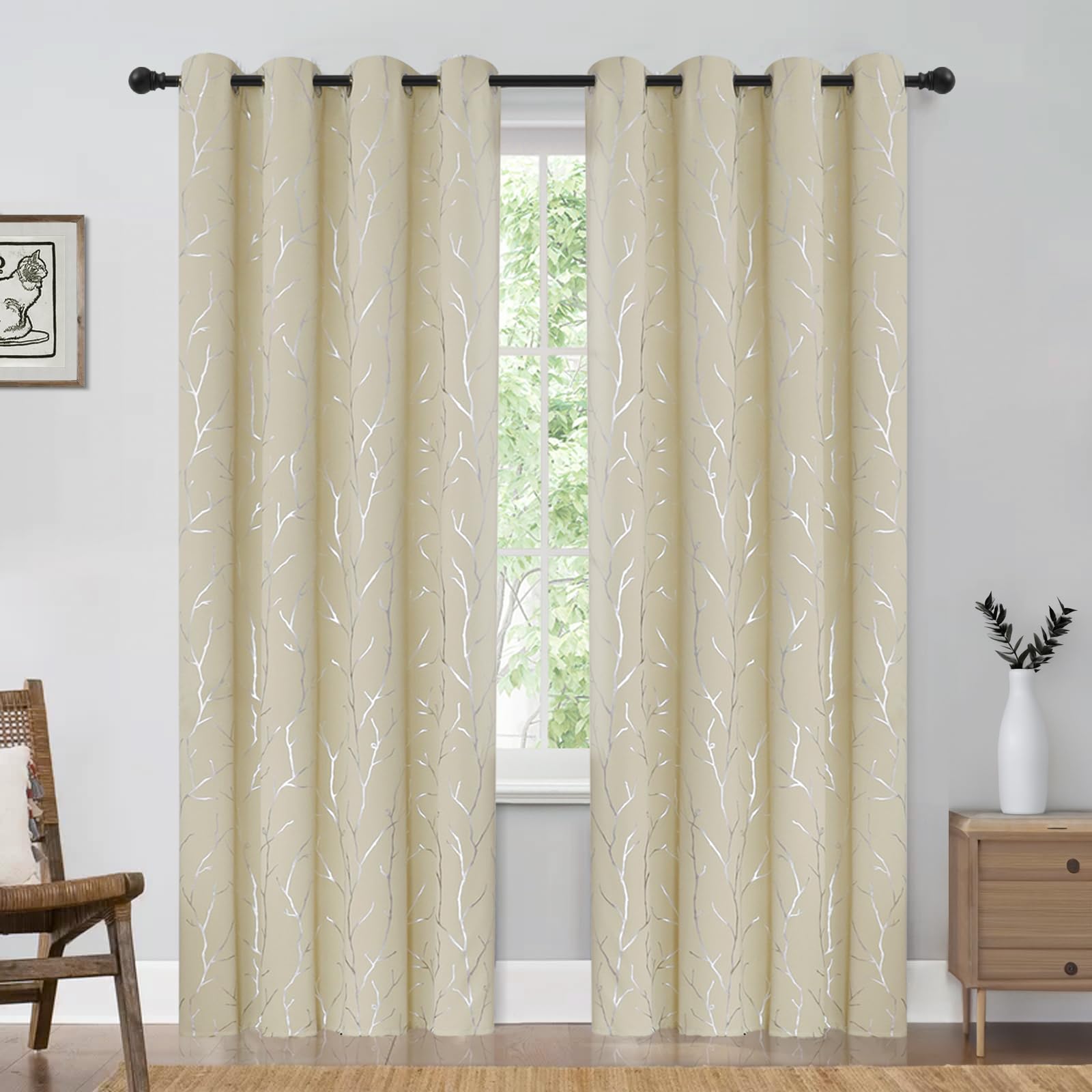 BUHUA Grommet Top Window Draps for Living Room Bedroom Curtains Energy Saving Room Darkening Impede Light Privacy Curtains, 52W x 84L, 2 Panels, Beige