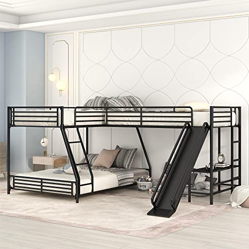 Polibi L-Shaped Metal Corner Bunk Bed with Slide and Two Ladders, Twin Over Full Bunk Bed with Twin Loft Bed and Built-in Desk, Black