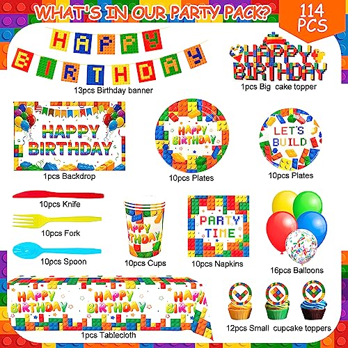 Building Blocks Birthday Party Supplies,114pcs Building Block Party Decorations&Building Blocks Tableware Set - Building Blocks Party Plates Napkins Backdrop Balloons etc Building Block Party Supplies