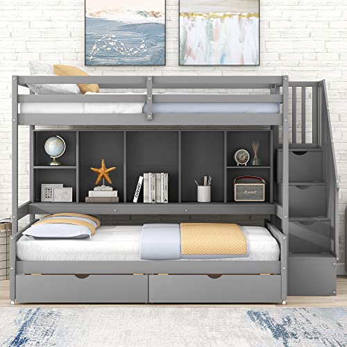 Polibi Twin XL Over Full Bunk Bed with Built-in Storage Shelves, Drawers and Staircase, Solid Wood Bunk Bed Frame with Full Length Guardrail, Grey