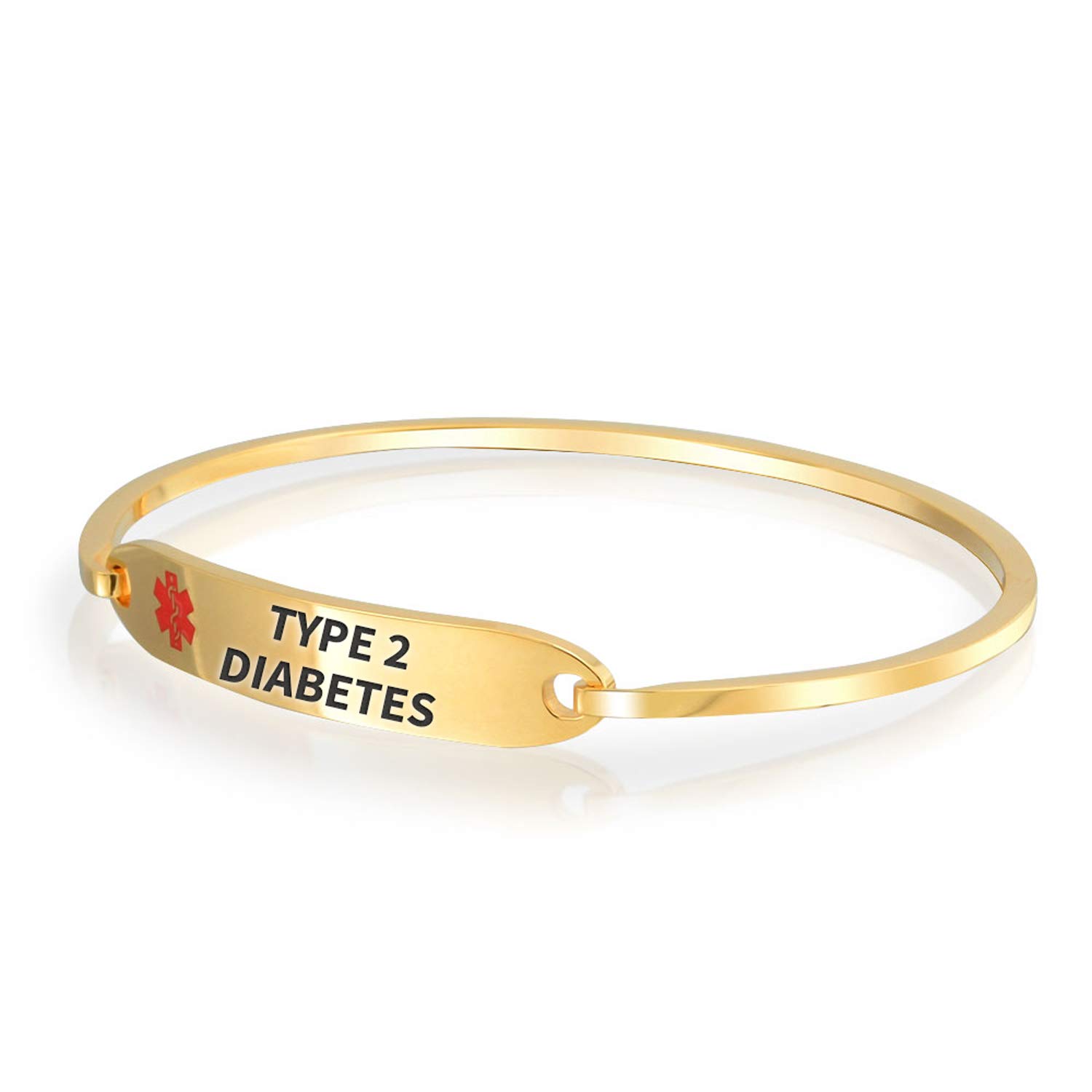 Bling Jewelry Type 2 Diabetes Medical Identification ID Bracelet Sleek Bangle For Women Gold 2 Tone Custom Engraved