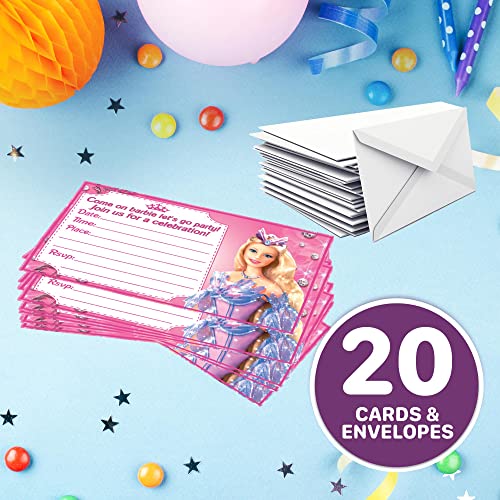 HAPPY CHOICES Barbie Invitation Cards and Envelopes – 20 Fill-in Invites for Kids Birthday Bash and Theme Party, 10X15 cm, Postcard Style…