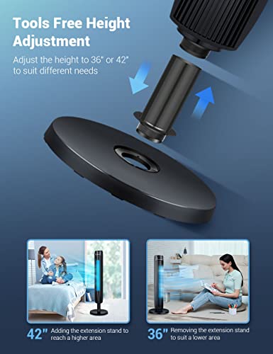 KopBeau Tower Fan for Bedroom, 42 Inch Oscillating Cooling Fans with Remote, Quiet Bladeless Floor Powerful Fan, 3 Modes, Buit-in 7Hrs Timer and LED Display, Standing Fans for Home Office, Black