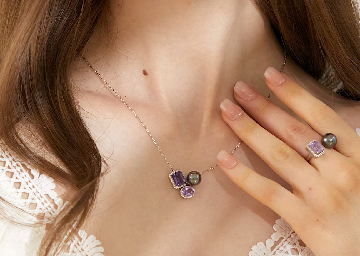 CHAULRI Top Grade Tahitian Black Pearl & Amethyst Necklace - 18K Gold over Sterling - Adjustable 19" - Feb/June Birthstone, Ombre Effect