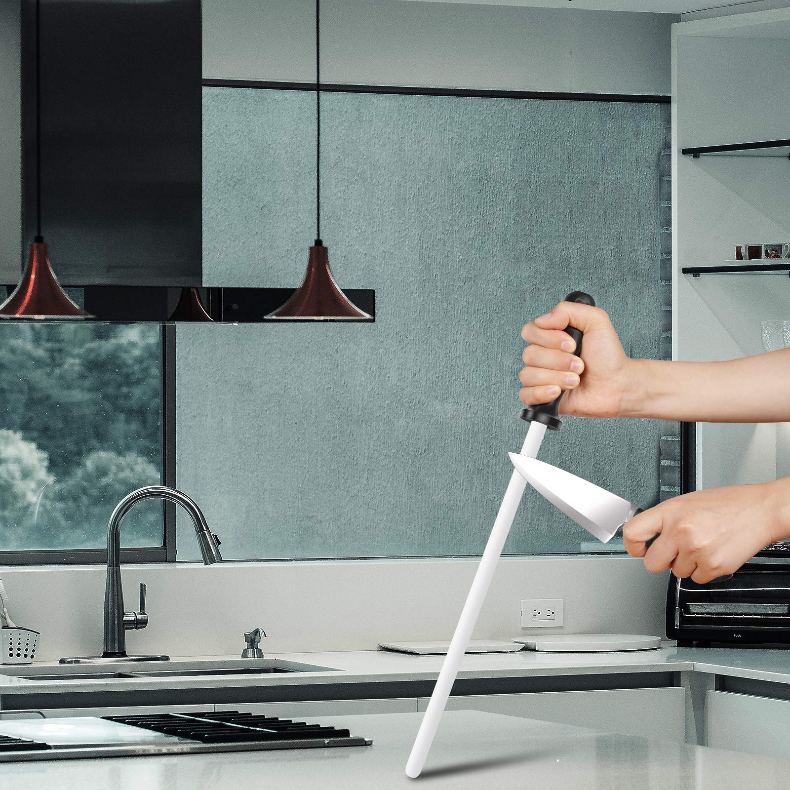 Ceramic Honing Rod, Knife Sharpener Rod Professional Sharpening Rod Stick, for Kitchen,Home&Chef, Firm-Grip Handle (10IN)