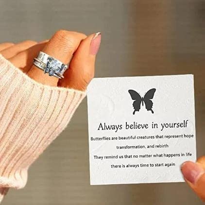 Butterflies Silver Spinner Ring, Fidget Anxiety Relief Rings Personalized Inspirational Gift for Women With Blessing Card Jewelry