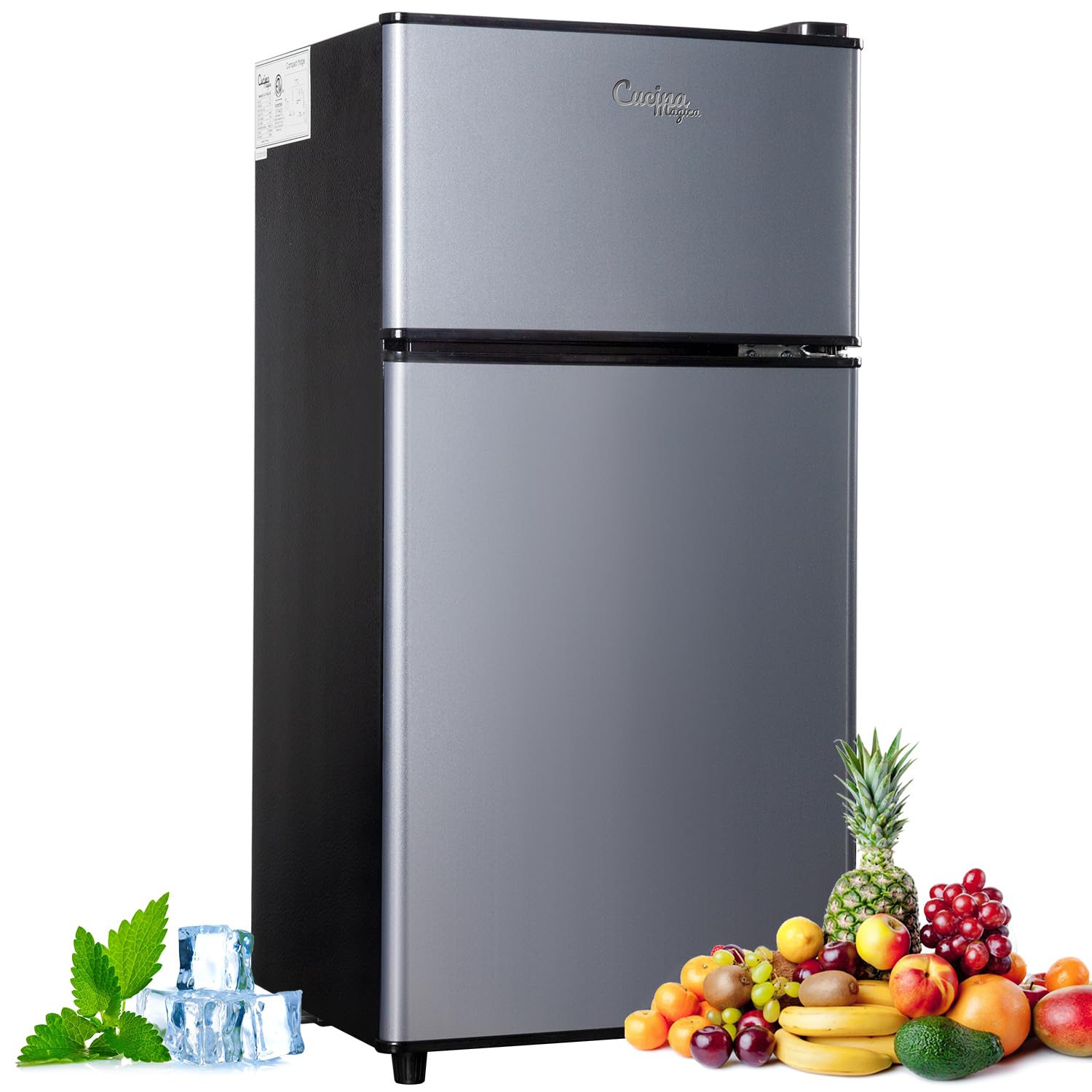 Cucina Magica Mini Fridge with Freezer, 3.2 cuft Small Refrigerator, 7 Adjustable Thermostat, Energy Saving, Low Noise, Double Door Compact Refrigerator for Dorm, Bedroom, Office