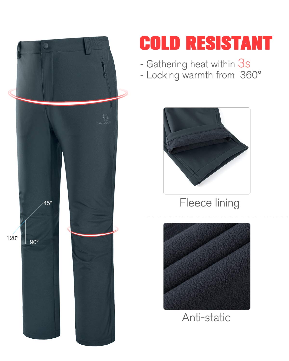 CAMEL CROWN Womens Softshell Pants Fleece Lined Waterproof Windproof Ski Snow Insulated Hiking Hunting Trousers Black M