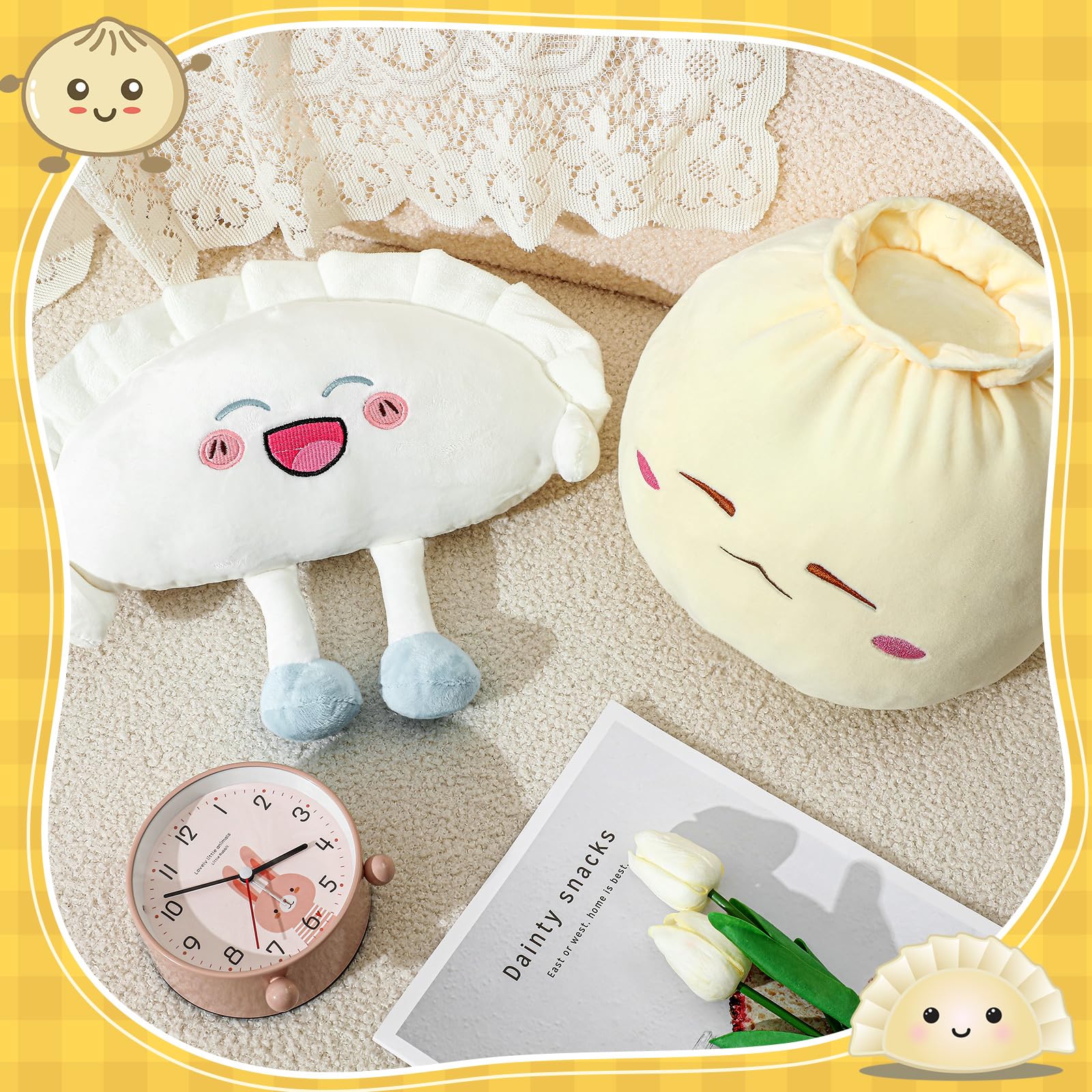 Gemscream 2 Pcs 13.8 Inch Dumpling and 9.8 Inch Bun Dumpling Plush Pillow with Features Soft Stuffing Cute Soup Dumpling Plushie Funny Asian Food Pillow Stuffed Dumpling Plush Toy for Sleeping Gifts