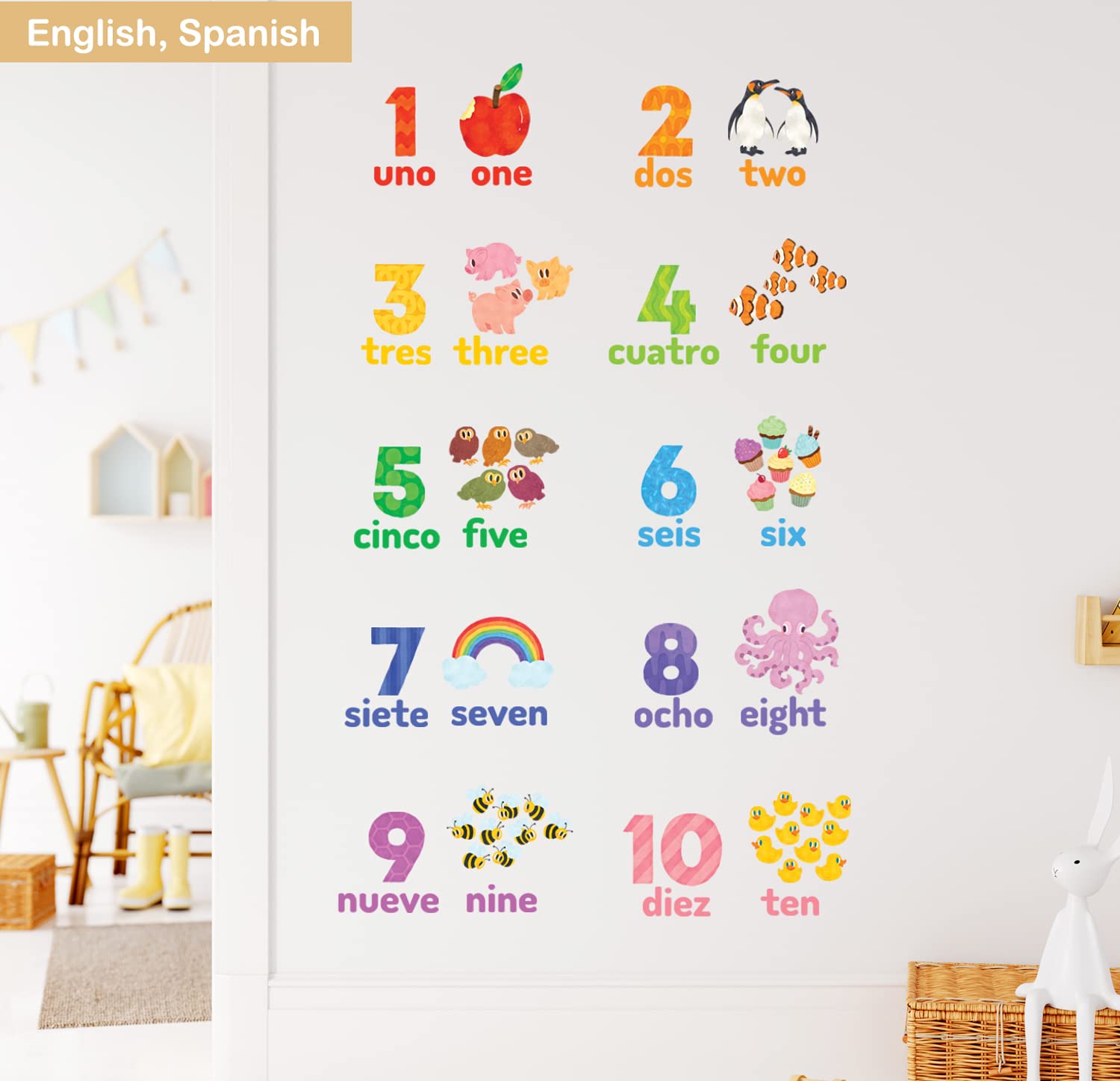 DECOWALL DS-2020ES Numbers Spanish + English Wall Decals Stickers Peel and Stick Removable Wall Stickers for Kids Nursery Bedroom Living Room