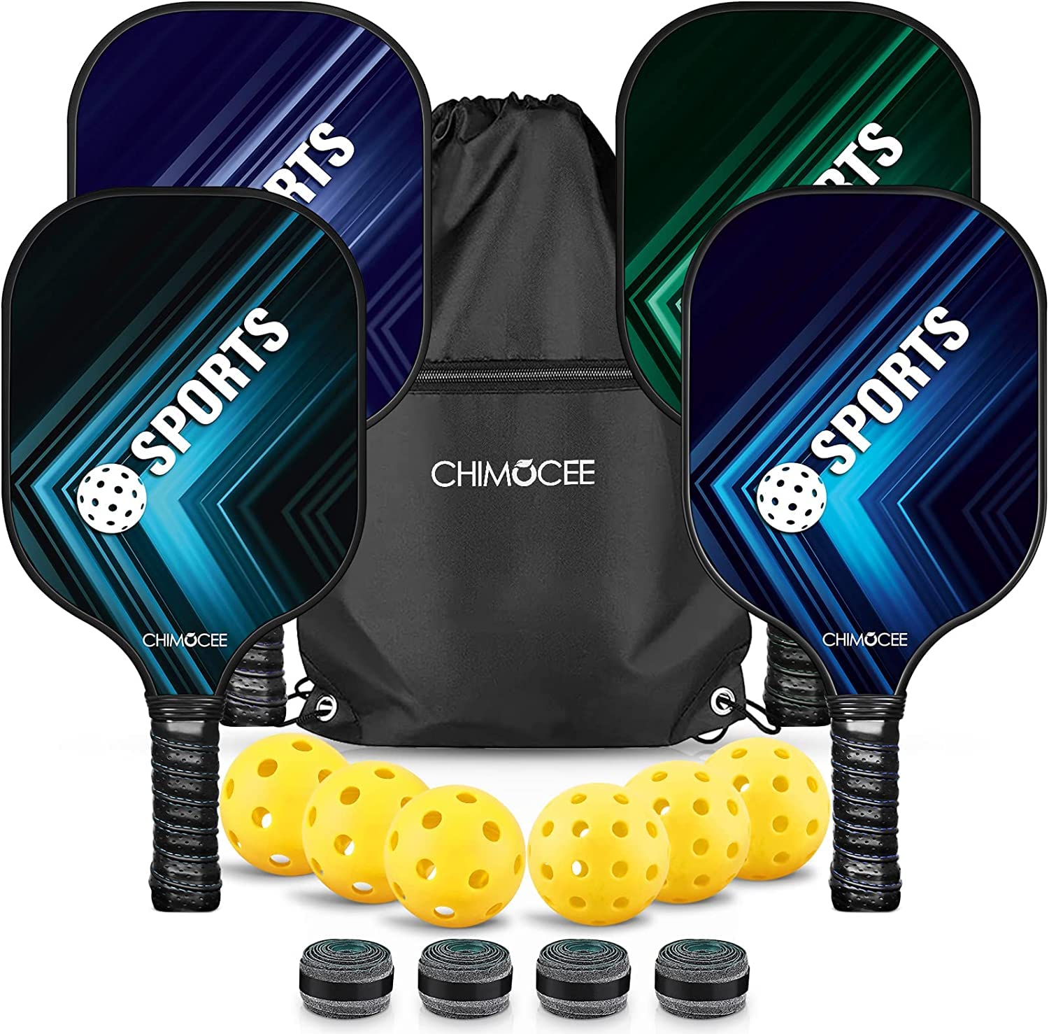 CHIMOCEE Pickleball Paddles Set of 4, Graphite Surface Pickleball Racket, Polymer Honeycomb Core Rackets 6 Pickleball Balls 1 Bag 4 Replacement Soft Grip for Outdoor and Indoor Play