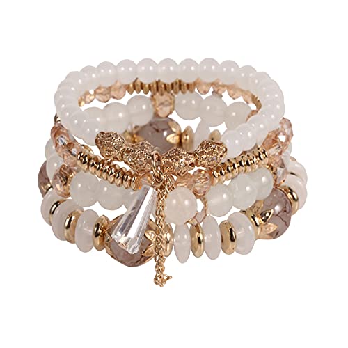 Solosoya Bohemian Stackable Bracelets Set for Women Multipack Multilayer Girls Elastic Rope Boho Colorful Stack Beads Bright Beaded Bracelets with Clear Vertebral Pendant Handmade Ladies Stretch Jewelry Accessories 6 Pack
