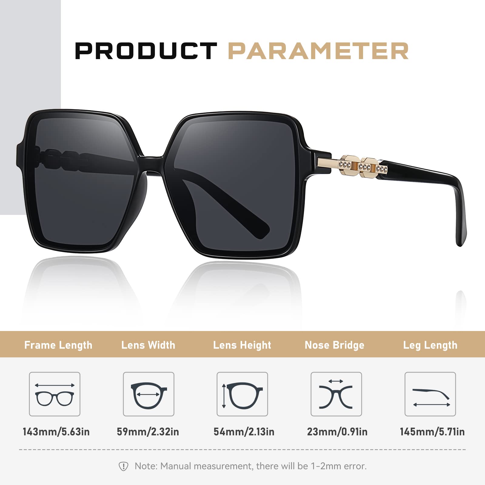Colrea Trendy Polarized Square Sunglasses for Women Oversized Big Fashion Shades UV Protection CL23001 (Black)