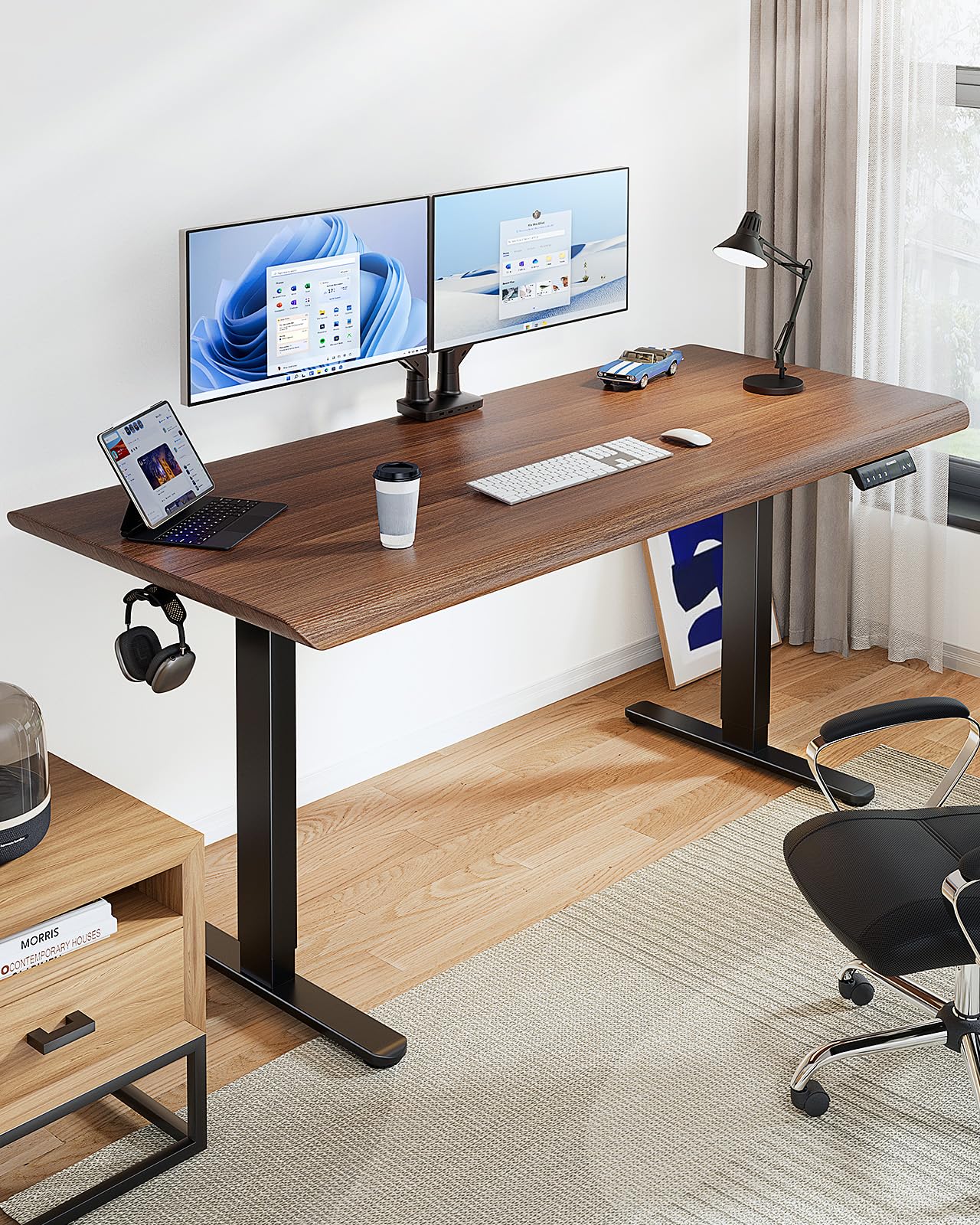 HUANUO 265 lbs Dual Motor Electric Standing Desk Frame, Thick T-Shaped Desk Legs Made of Automotive-Grade Steel, for Max 90″ x 31.5″ Desktop, Height Adjustable Desk Frame for Home Office, Frame Only
