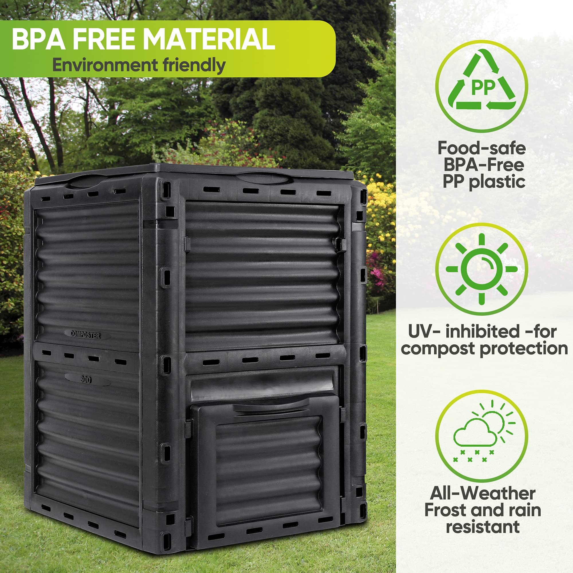JupiterForce Garden Compost Bin 80 Gallon (300 L) from BPA Free Material, Classic Compost bin by Easy Assembling, Large Capacity, Fast Creation of Fertile Soil, Household Waste Saver, Black