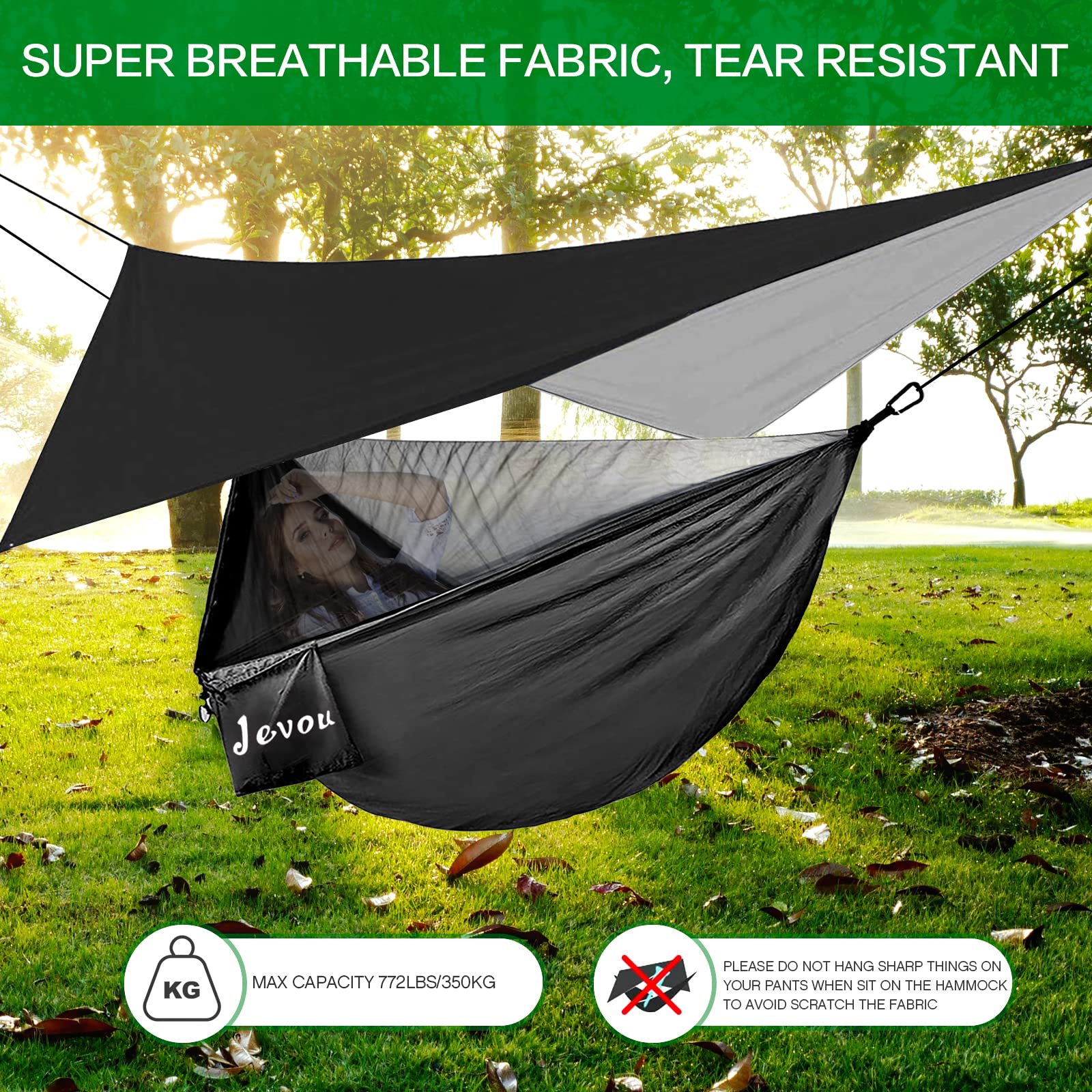 Camping Hammock with Rainfly Tarp, Hammocks Tent with Mosquito Net for Camping, Single & Double Portable Nylon Backpacking Hammock Bundle Kit for Outdoor, Indoor, Beach, Backyard, Patio - Hold 772lbs