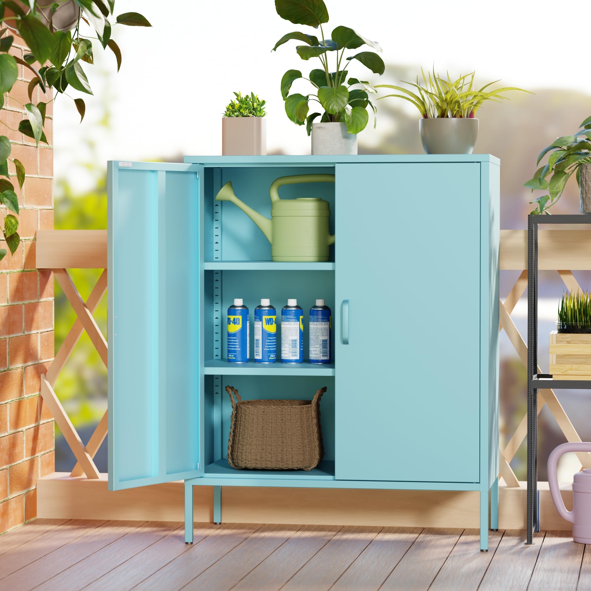 COFaR Blue Metal Cabinet with Doors and Shelves,Metal Storage Cabinet with Leg,Multipurpose 3-Tier Office Cabinets,Metal Liquor Cabinet for Home Office,Coffee bar,Kitchen