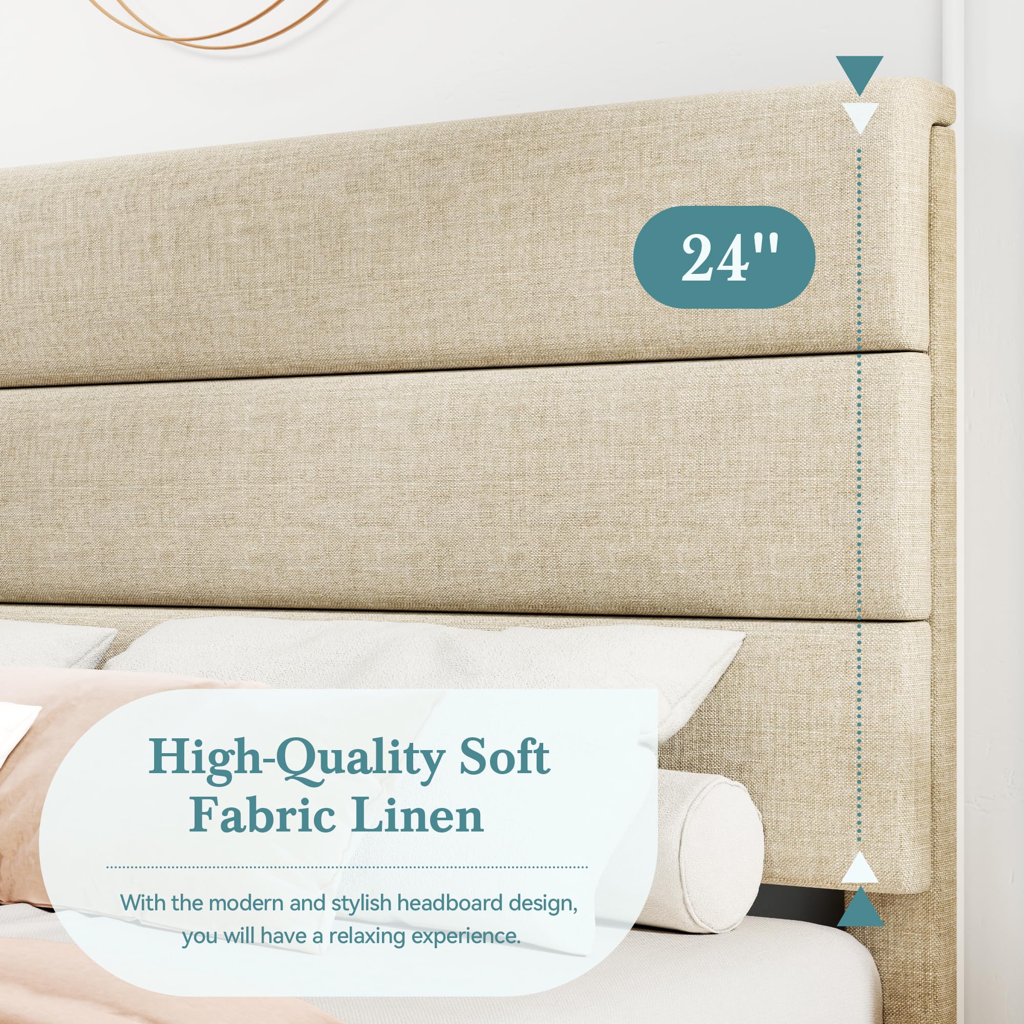 HOOMIC Queen Size Bed Frame with Headboard, Fabric Upholstered Platform Bed with Strong Wood Slats Support, Mattress Foundation, No Box Spring Needed, Beige