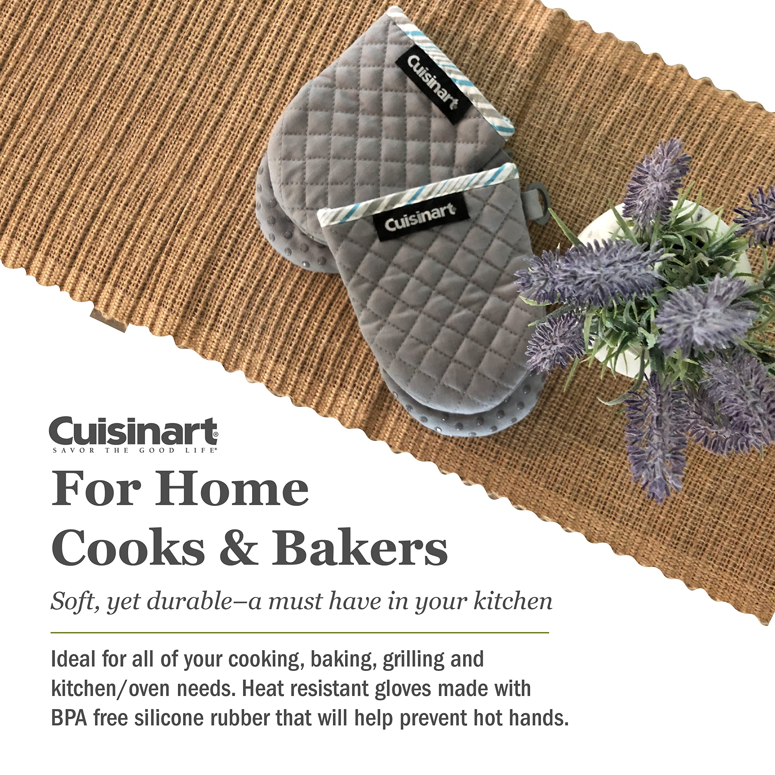 Cuisinart Quilted Mini Oven Mitts with Silicone Grip, Drizzle Grey, 2pk - Durable, Heat Resistant Oven Gloves with Thick Quilted Lining to Protect Your Hands from Hot Surfaces, 5.5" x 7.5"