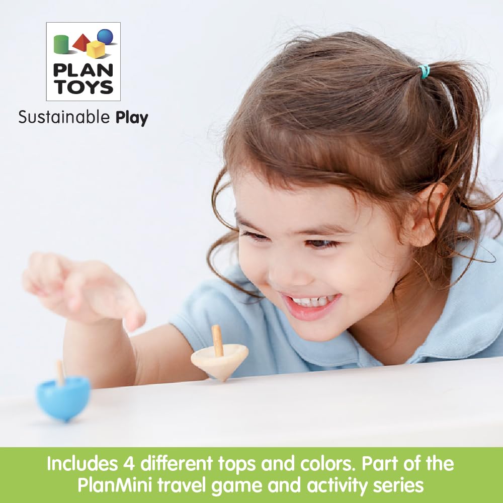 PlanToys Wooden Spinning Tops (4132) | Sustainably Made from Rubberwood and Non-Toxic Paints and Dyes | PlanMini Collection
