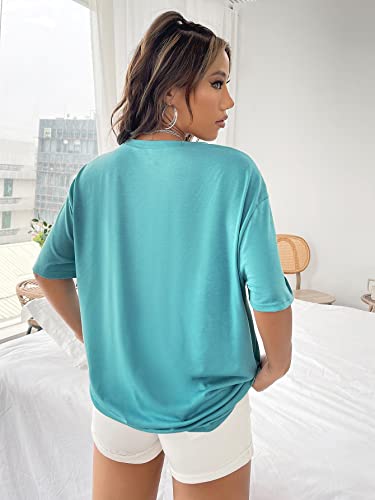 SOLY HUX Women's Oversized T Shirts Letter Print Casual Summer Tops Graphic Tees for Women Blue XL