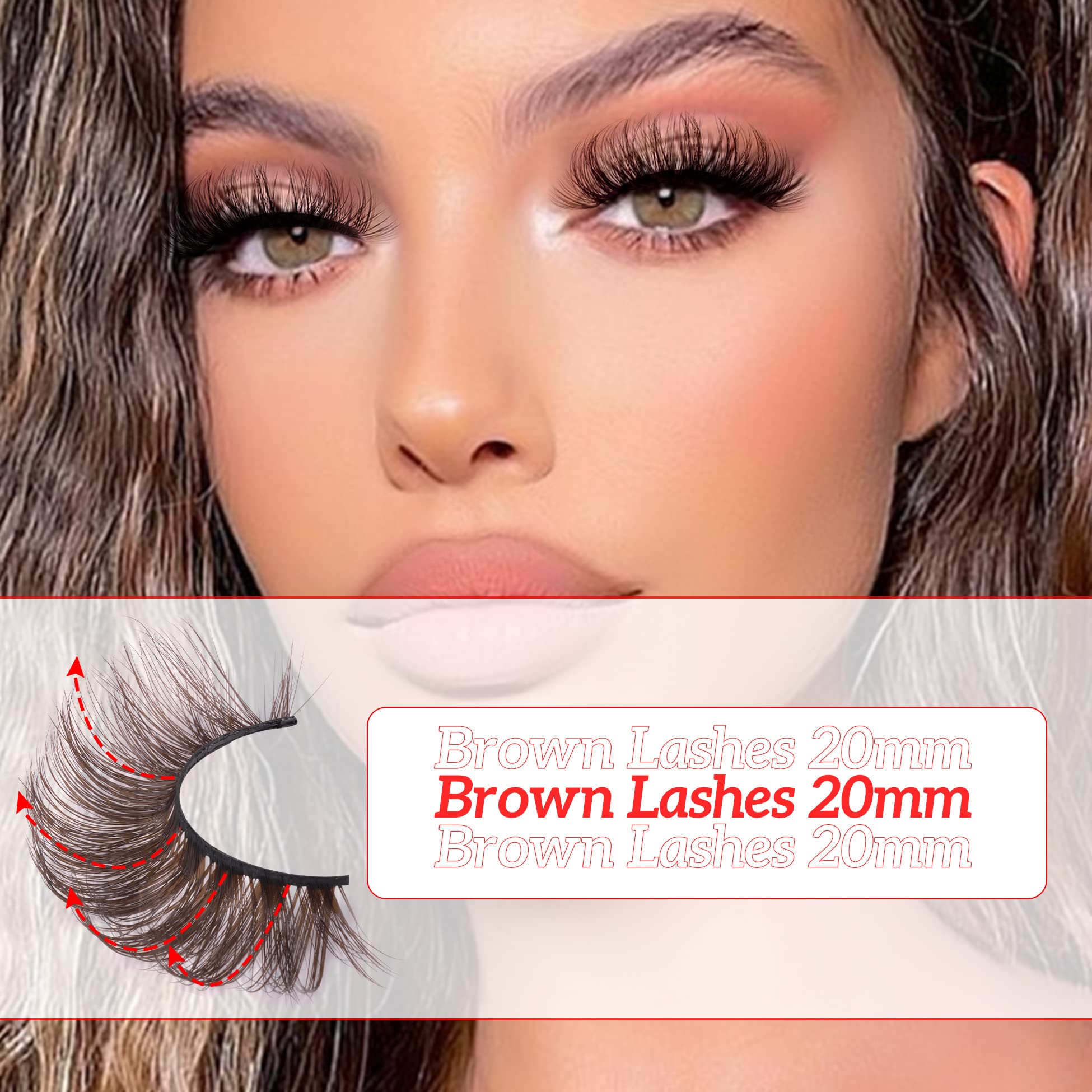 Eyelashes Russian Strip Lashes Mink Natural Eyelashes Fluffy Volume Colored Brown Lashes False Eyelashes 20mm Long Soft D Curl Lashes Pack by Newcally