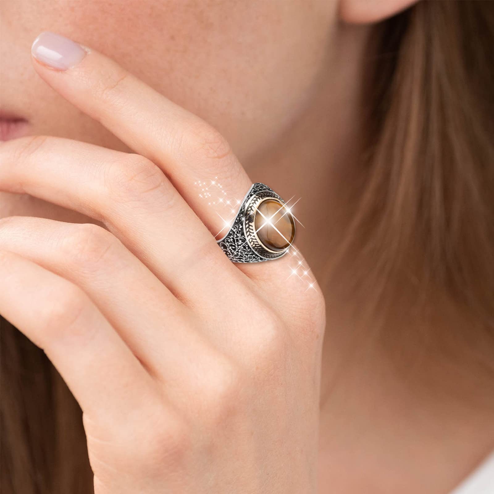 Chunky Rings Set Gemstone Art Engraved Unisex Ring Simple Fashion Jewelry Popular Accessories (Silver, 8)