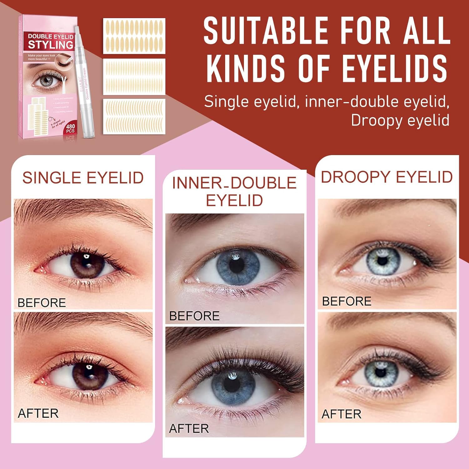 Eyelid Lifter Strips 480Pcs, Eyelid Tape, Design Double Eyelid Lifter Strips, Waterproof Invisible Eyelid Sticks with Styling Cream, Droopy Eyelid, Big Eye Tools, Fork Rods & Tweezers
