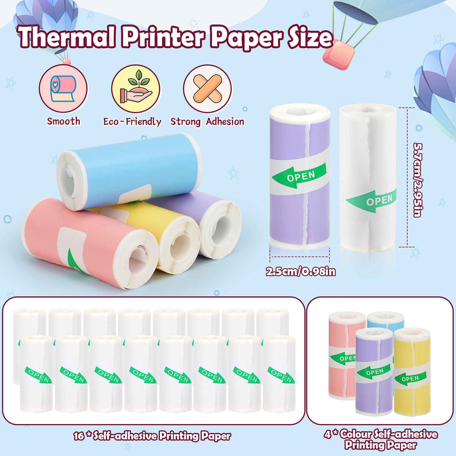 HUIJUTCHEN 20 Rolls Mini Thermal Sticker Printer Paper 57x25mm Inkless Self-Adhesive Paper for M02/T02/X5 Pocket Bluetooth Receipt Printer for Photo,DIY,Note,Memo(16 White+4 Color)