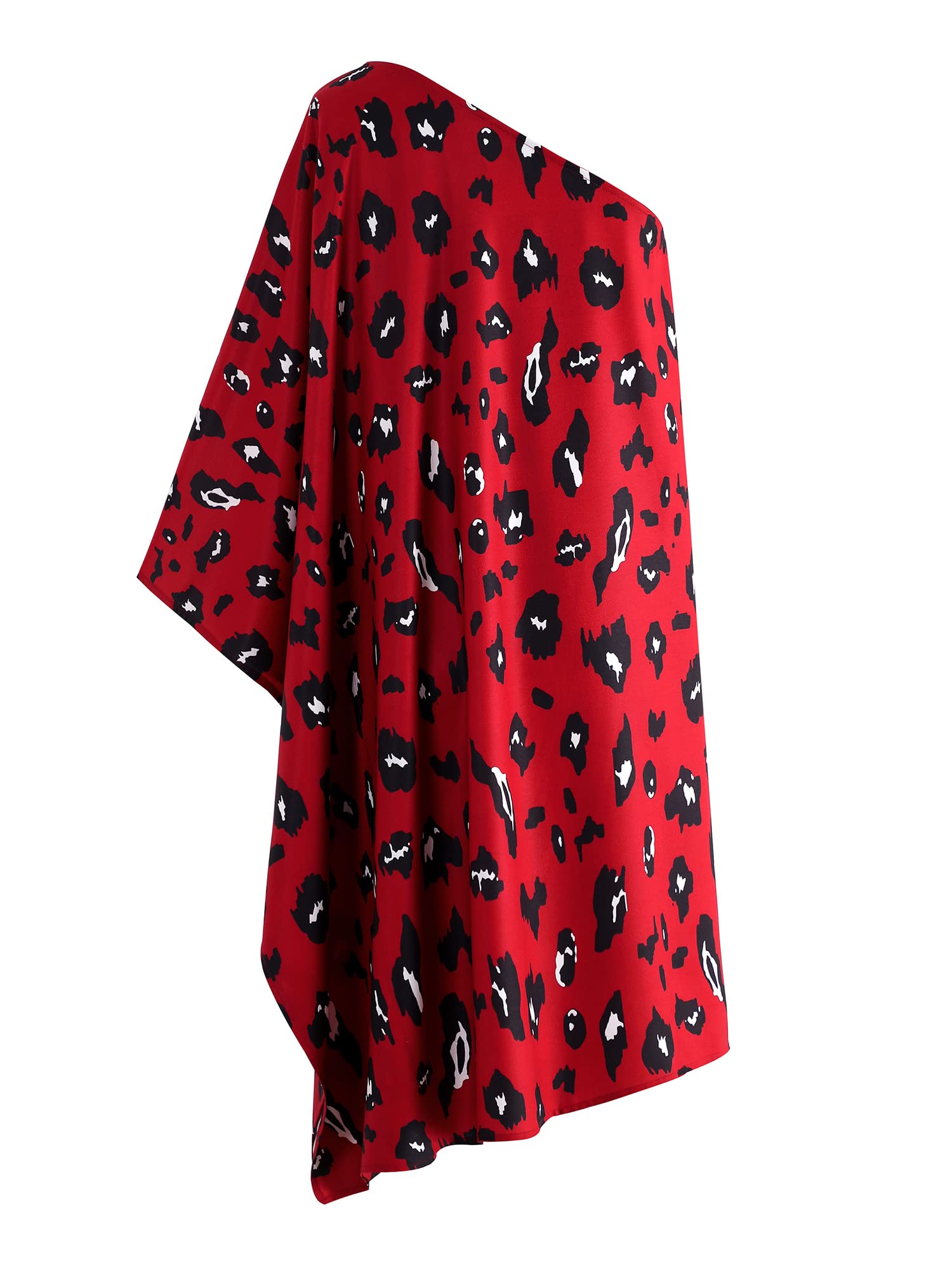 Chunoy Women Leopard Cheetach Print Casual Batwing Sleeve Side to Side One Shoulder Statement Flowy Mini Dress
