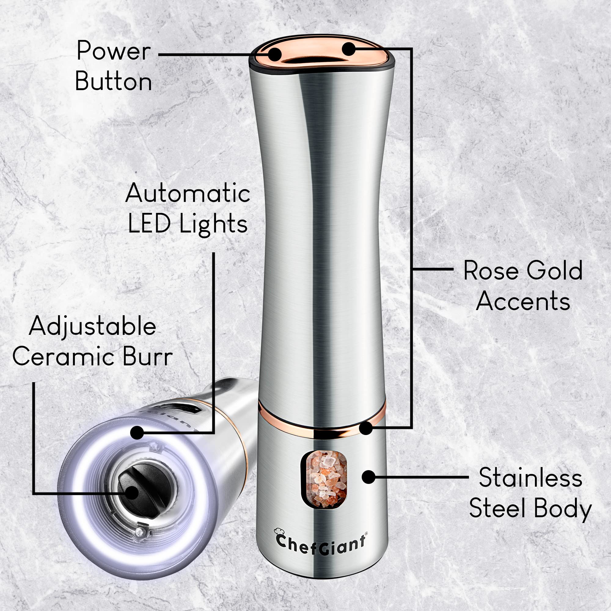 ChefGiant Electric Salt and Pepper Grinder Set - Rose Gold & Stainless Steel One Hand Operated Adjustable Coarseness Mill with LED Light, Batteries, Measuring Spoon & Brush