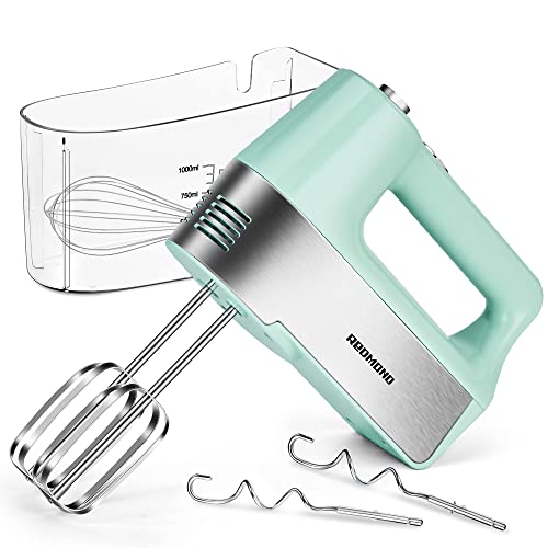 REDMOND Hand Mixer Electric, 5-Speed Hand Mixer with Measuring Storage Case, Kitchen Handheld Mixer Includes Dough Hooks, Whisk and Beaters for Cream, Cake, Cookies, Eggs 250W Hand Mixer with Measuring Box, HM018 Mint Green