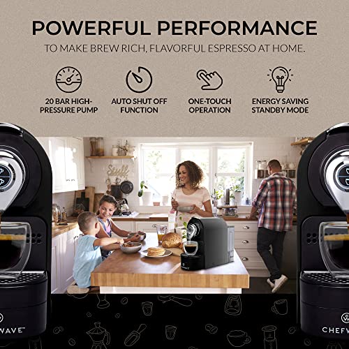 ChefWave Espresso Machine Compatible with Nespresso Coffee Capsules (Black), Pod Holder, Cups and Descaling Powder Bundle (2 Items)