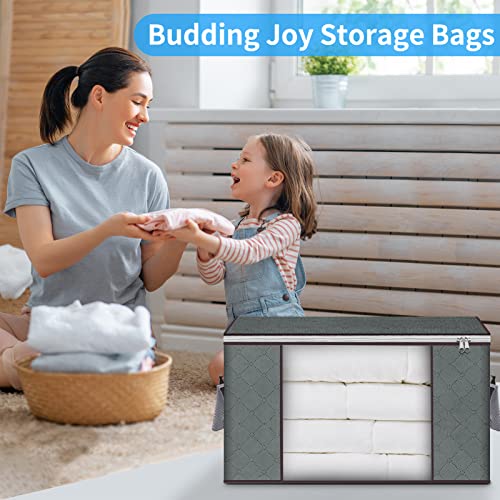 Budding Joy 4 Pack Blanket Storage Bins,Foldable Large Storage and Organization,Storage Bags for Clothing,Blanket,Comforter,Toys,Pillows,Home Organization with Lids and Handle,Grey