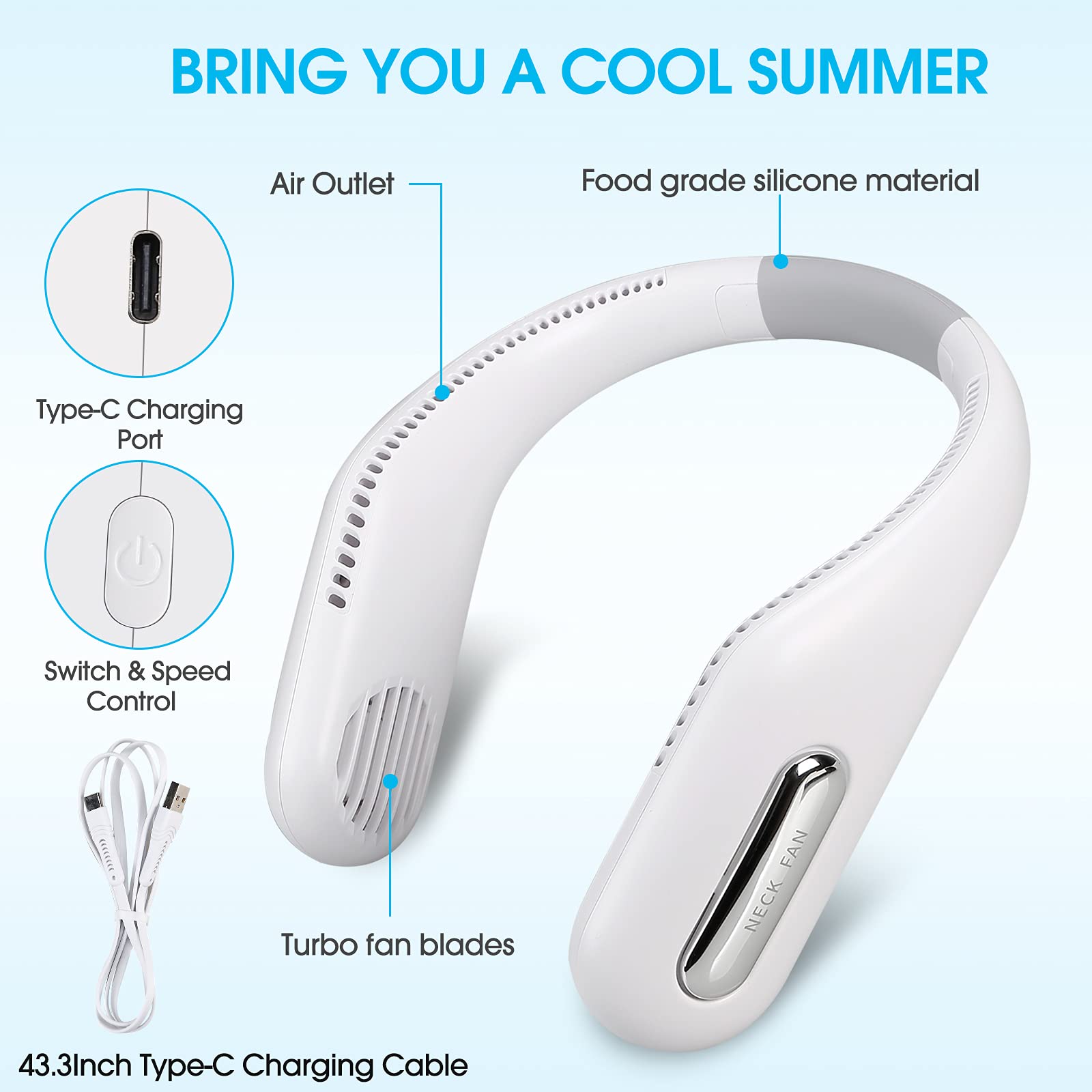 Rexspt Portable Neck Fan, Hands Free Bladeless Fan, USB Rechargeable Personal Fan with 3 Wind Speed Adjustable, Headphone Design 360° Cooling Hanging Fan for Traveling Office