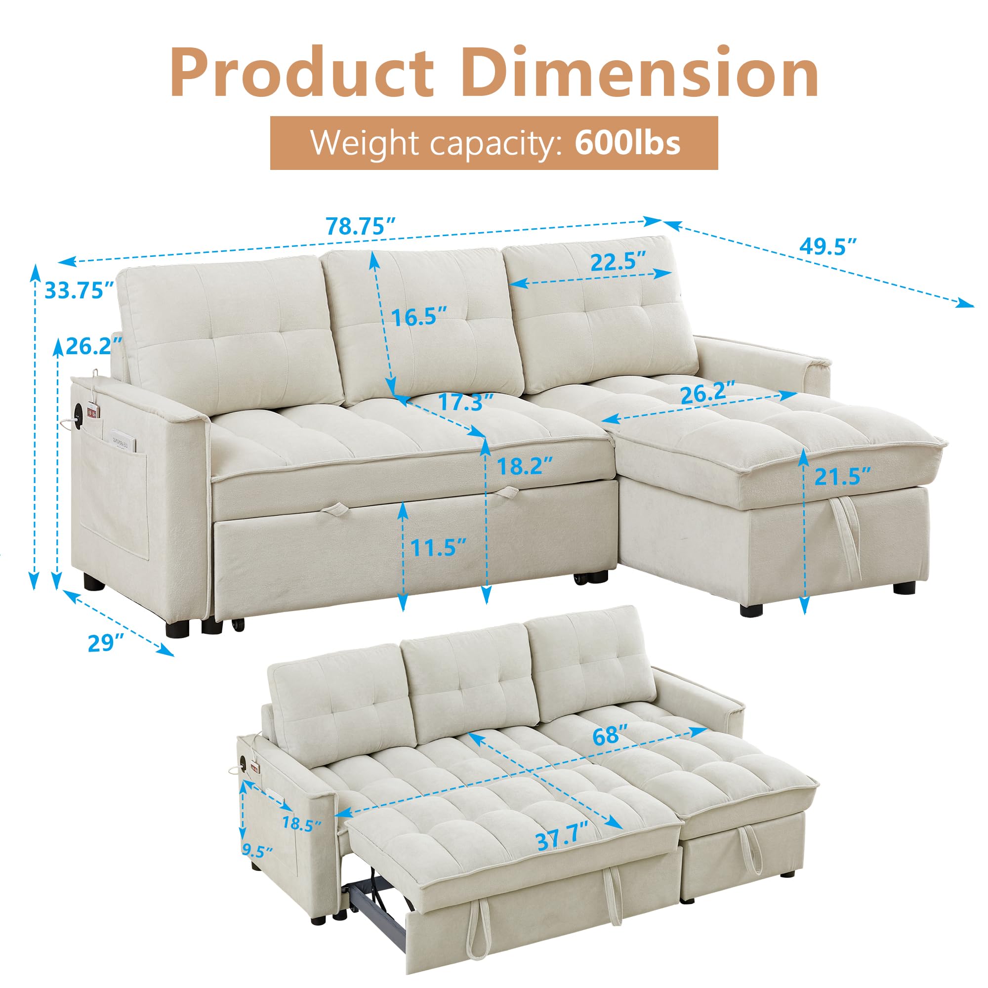 HUMEHA Linen Reversible Sleeper Sectional Sofa, L-Shaped Sofa Bed Pull Out Sleeper 3-Seater Couch with Storage Chaise, Convertible Sectional Sofa Couch for Living Room Apartment, Beige
