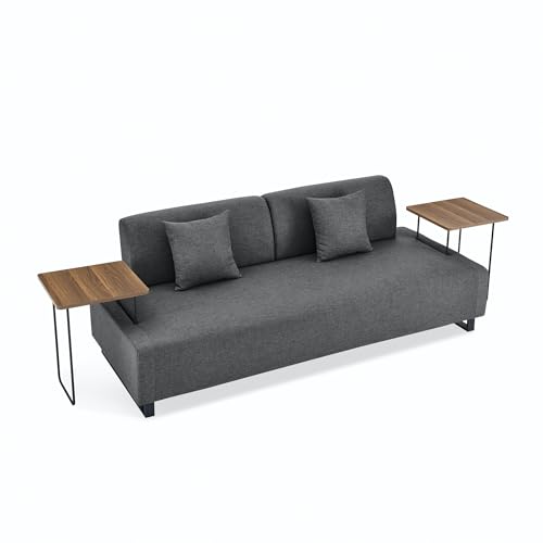 ERYE Morden Upholstered 3-Seat Couch Linen Upholstered 3 Seat Sofa Couch with Two End Tables and 2 Pillows, Free Transformation Removable Back and Armrests for Living Room