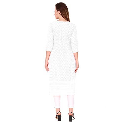 ladyline Womens Georgette Chiffon Chickankari & Sequins Work Kurti Tunic Kurta (White, 40)