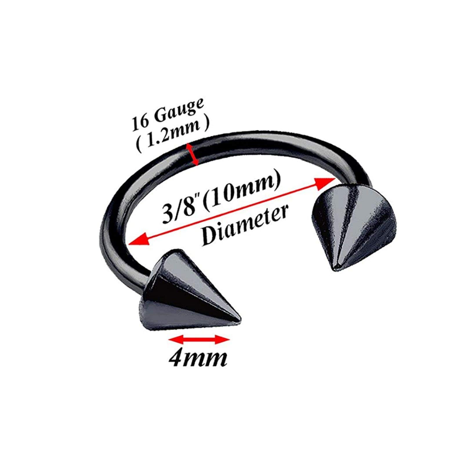 bodyjewellery 6pcs 16g Horseshoe Circular Barbell Eyebrow Tragus Navel Lip Cartilage Ear Ring Spike Helix Belly Black Spike 5/16 3/8 1/2