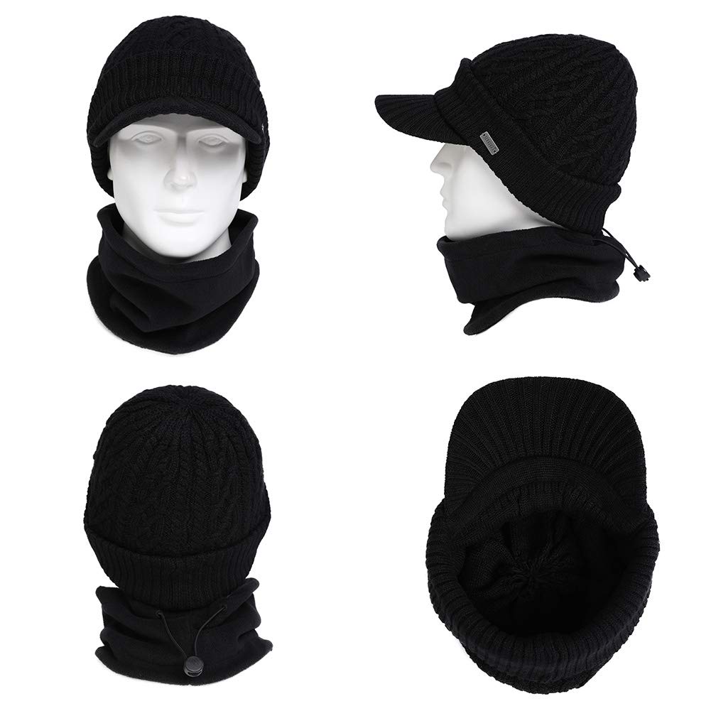 Comhats Winter 2 Piece Wool Knit Hat & Scarf Set for Men Visor Beanie Cap Fleece Lined Cold Weather Warm Unisex Black Medium