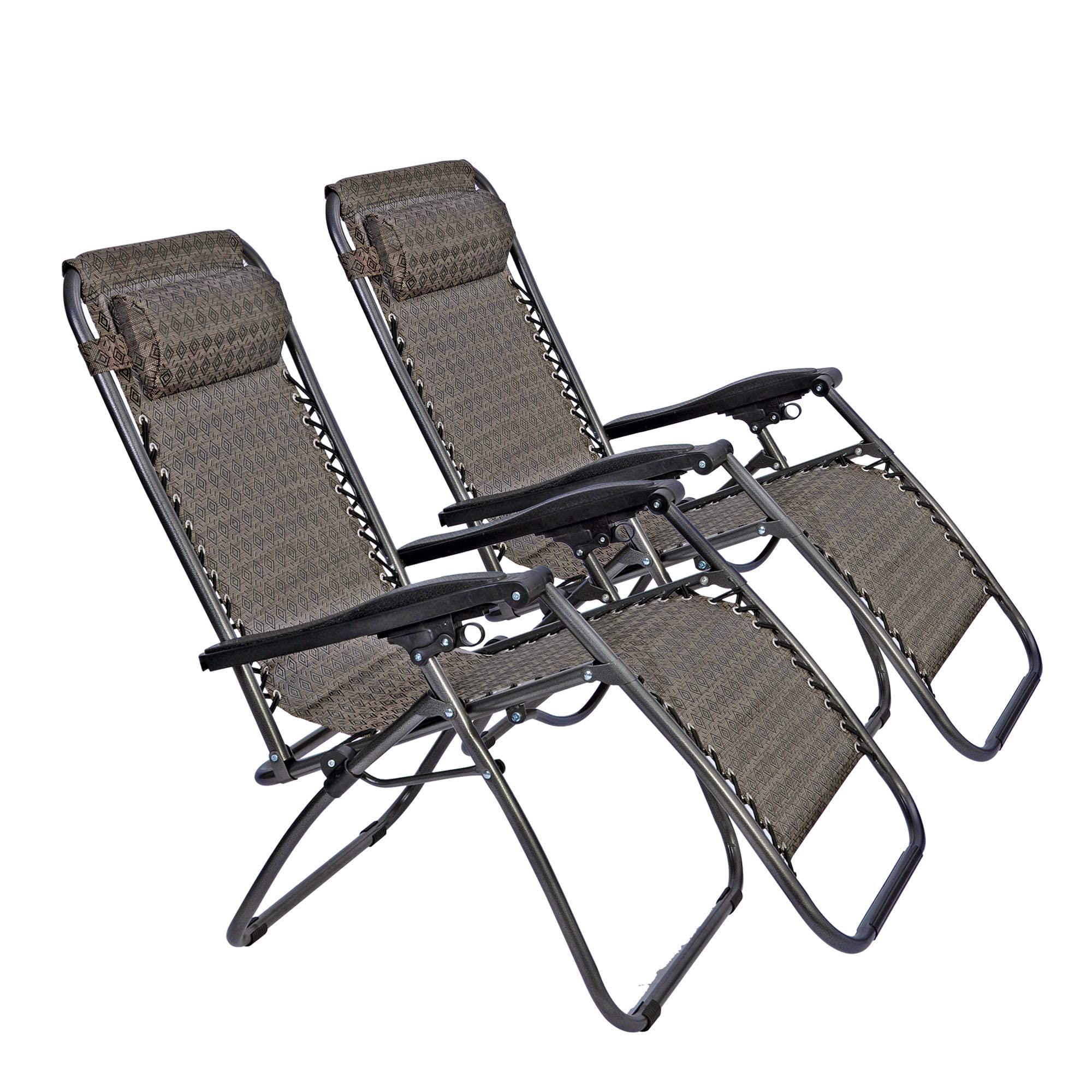 LUCKYERMORE Adjustable Textilene Zero Gravity Chairs Set of 2, Diamond Design Outdoor Folding Reclining Lounge Chair with Pillow, Hold up to 300 LBS, Patio Recliners for Pool Beach, Grey and Brown