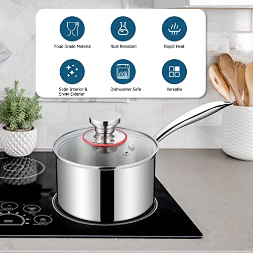Homikit 2 Quart Saucepan with Lid, Tri-Ply Stainless Steel Sauce Pan, Kitchen Induction Cooking Pot with Ergonomic Handle, Small Pan for Making Sauce, Warming Milk, Boiling Eggs, Dishwasher Safe