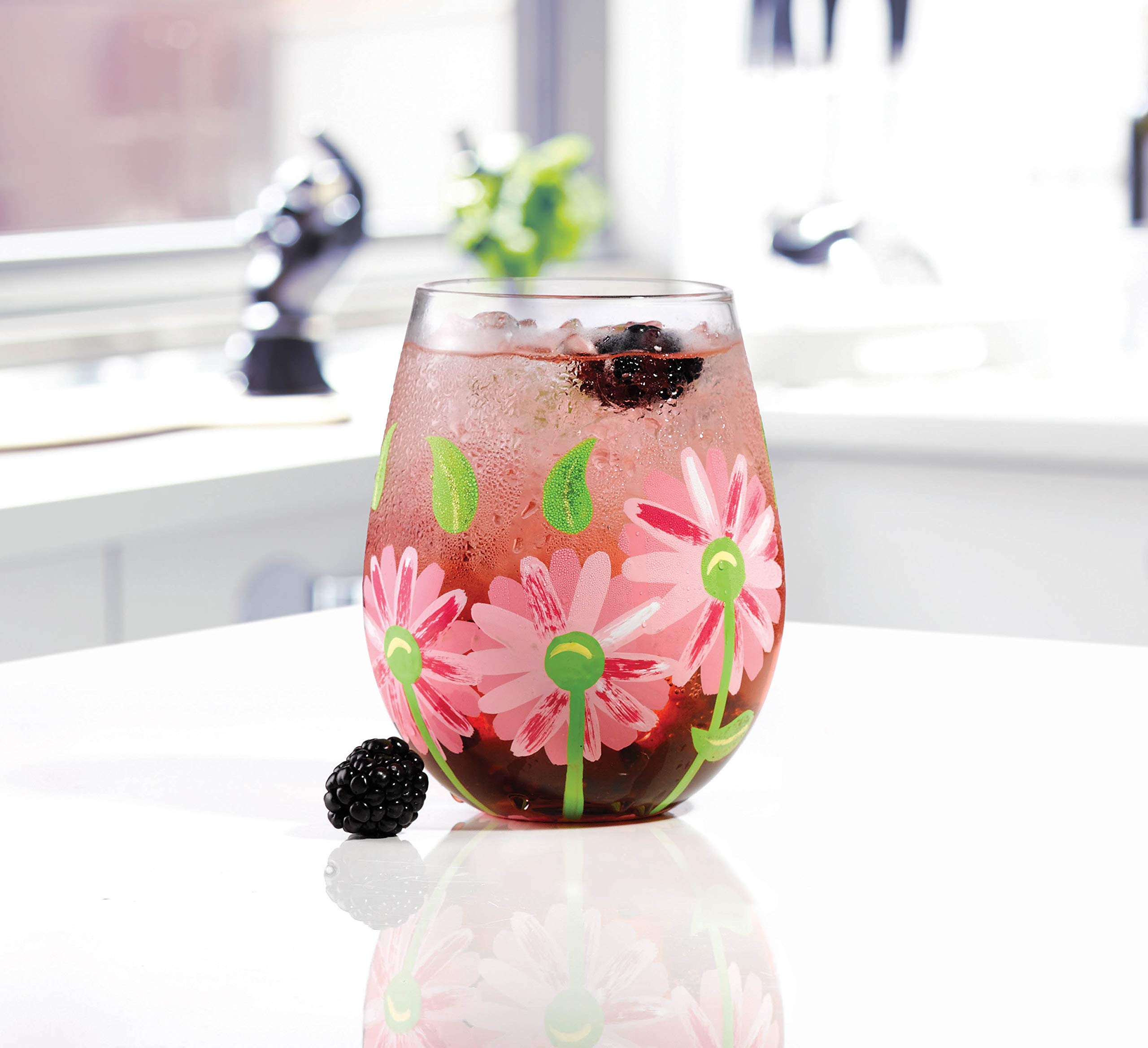 Designs by Lolita “Oops a Daisy” Hand-painted Artisan Stemless Wine Glass, 20 oz.